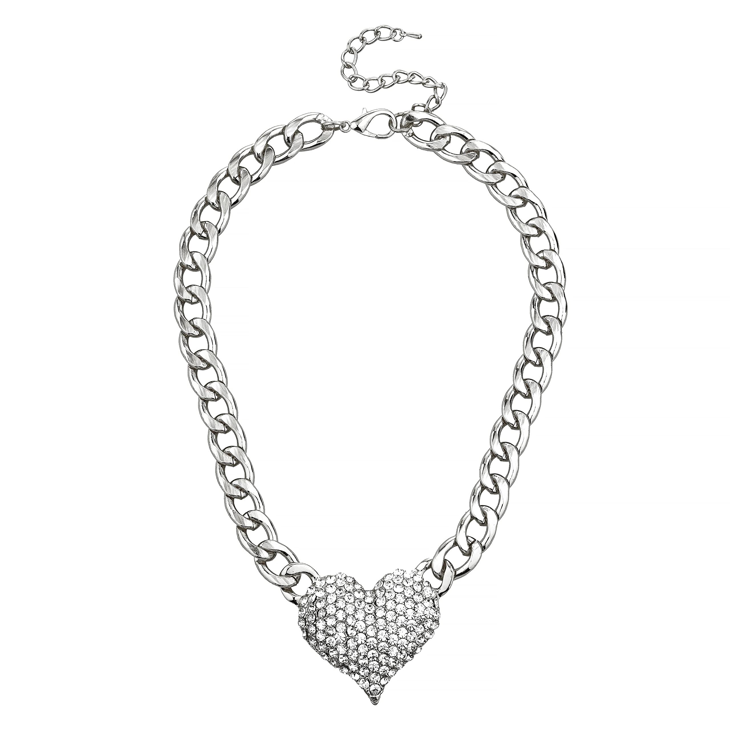 JOTW Silvertone Iced Out 3D Heart Pendant with a 16 Inch Adjustable Link Necklace