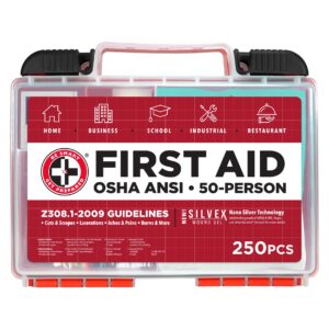 be smart get prepared osha/ansi first aid kit - 50 person, 250 pieces - designed for home, business, school, industrial, and restaurants - compact & portable