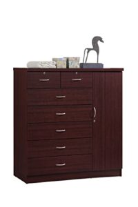 hodedah 7 drawer jumbo chest, five large & two smaller drawers with two lock, hanging rod, and three shelves | mahogany, 17.76" d x 47.24" w x 48.39" h