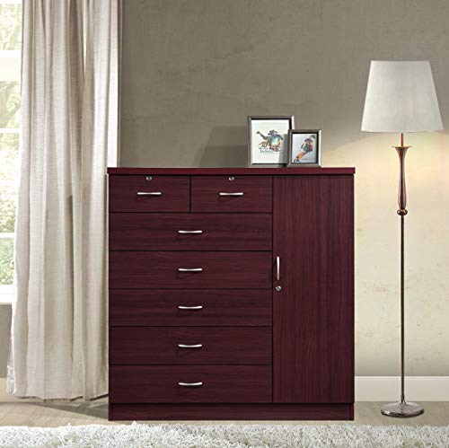 Hodedah 7 Drawer Jumbo Chest, Five Large & Two Smaller Drawers with Two Lock, Hanging Rod, and Three Shelves | Mahogany, 17.76" D X 47.24" W X 48.39" H