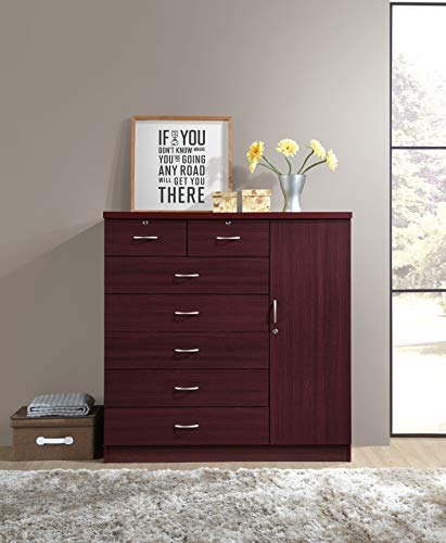 Hodedah 7 Drawer Jumbo Chest, Five Large & Two Smaller Drawers with Two Lock, Hanging Rod, and Three Shelves | Mahogany, 17.76" D X 47.24" W X 48.39" H