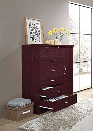 Hodedah 7 Drawer Jumbo Chest, Five Large & Two Smaller Drawers with Two Lock, Hanging Rod, and Three Shelves | Mahogany, 17.76" D X 47.24" W X 48.39" H