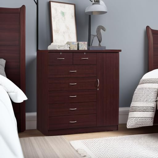 Hodedah 7 Drawer Jumbo Chest, Five Large & Two Smaller Drawers with Two Lock, Hanging Rod, and Three Shelves | Mahogany, 17.76" D X 47.24" W X 48.39" H