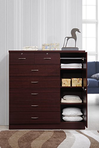 Hodedah 7 Drawer Jumbo Chest, Five Large & Two Smaller Drawers with Two Lock, Hanging Rod, and Three Shelves | Mahogany, 17.76" D X 47.24" W X 48.39" H