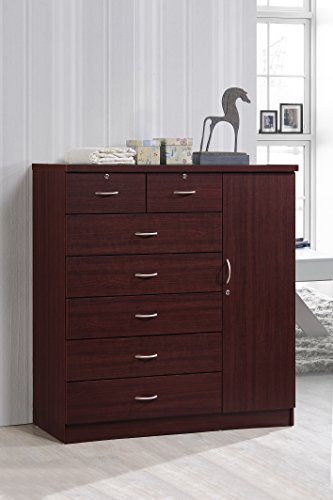 Hodedah 7 Drawer Jumbo Chest, Five Large & Two Smaller Drawers with Two Lock, Hanging Rod, and Three Shelves | Mahogany, 17.76" D X 47.24" W X 48.39" H