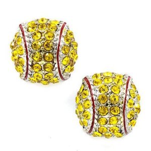 softball earrings studs - crystal rhinestone post silver bling yellow fastpitch 14mm sport fashion pair by kenz laurenz