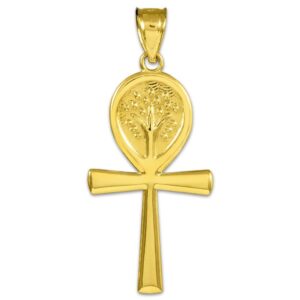 10k yellow gold egyptian ankh cross tree of life pendant