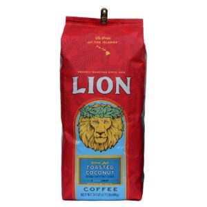 lion coffee toasted coconut flavored, light roast whole bean coffee, a taste of aloha - 24 ounce bag