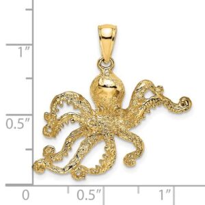 14k Yellow Gold Nautical Charm Pendant, Octopus, 2-D, Textured