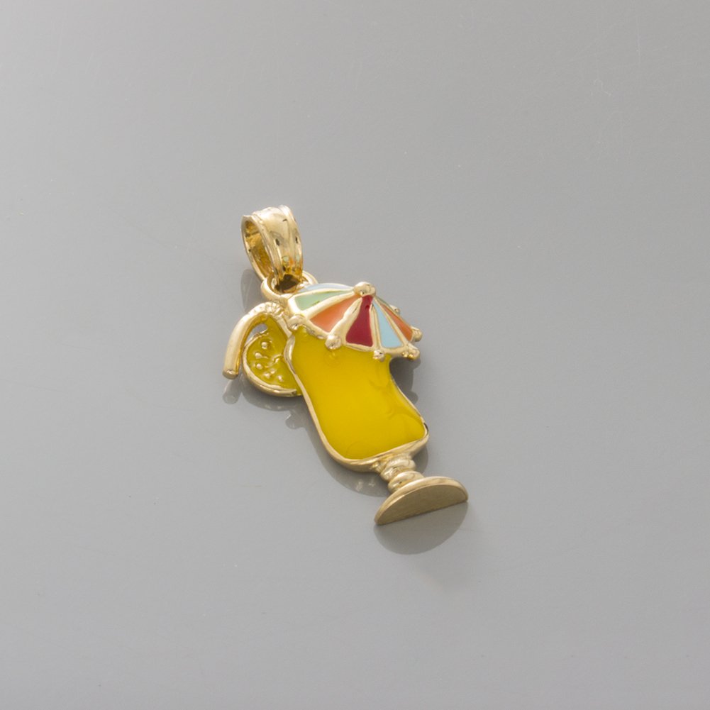 Million Charms 14k Yellow Gold Beach Charm Pendant, Small 2-D Yellow Enamel Tropical Drink with Multi-Color Umbrella