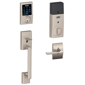 schlage connect century touchscreen deadbolt with built-in alarm and handleset grip with latitude lever, satin nickel, fe469nx lat 619 cen