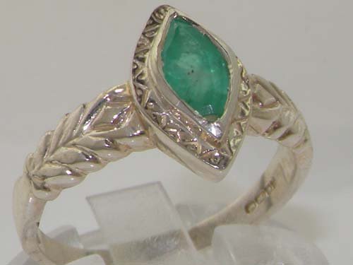 925 Sterling Silver Real Genuine Emerald Womens Solitaire Engagement Ring - Size 6