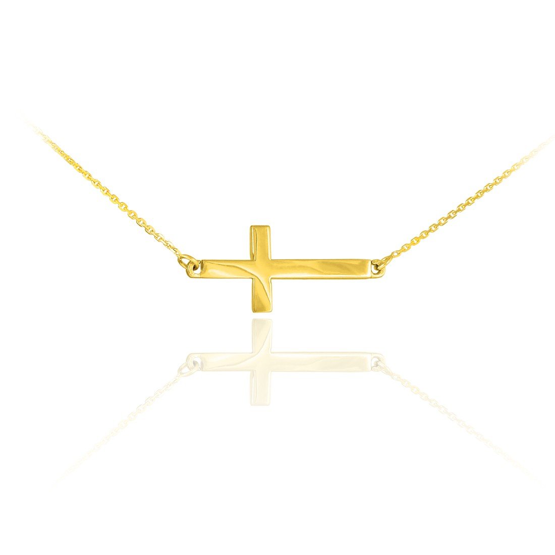 14k Yellow Gold Classic Horizontal/Sideways Cross Necklace on Rolo Chain - 16"