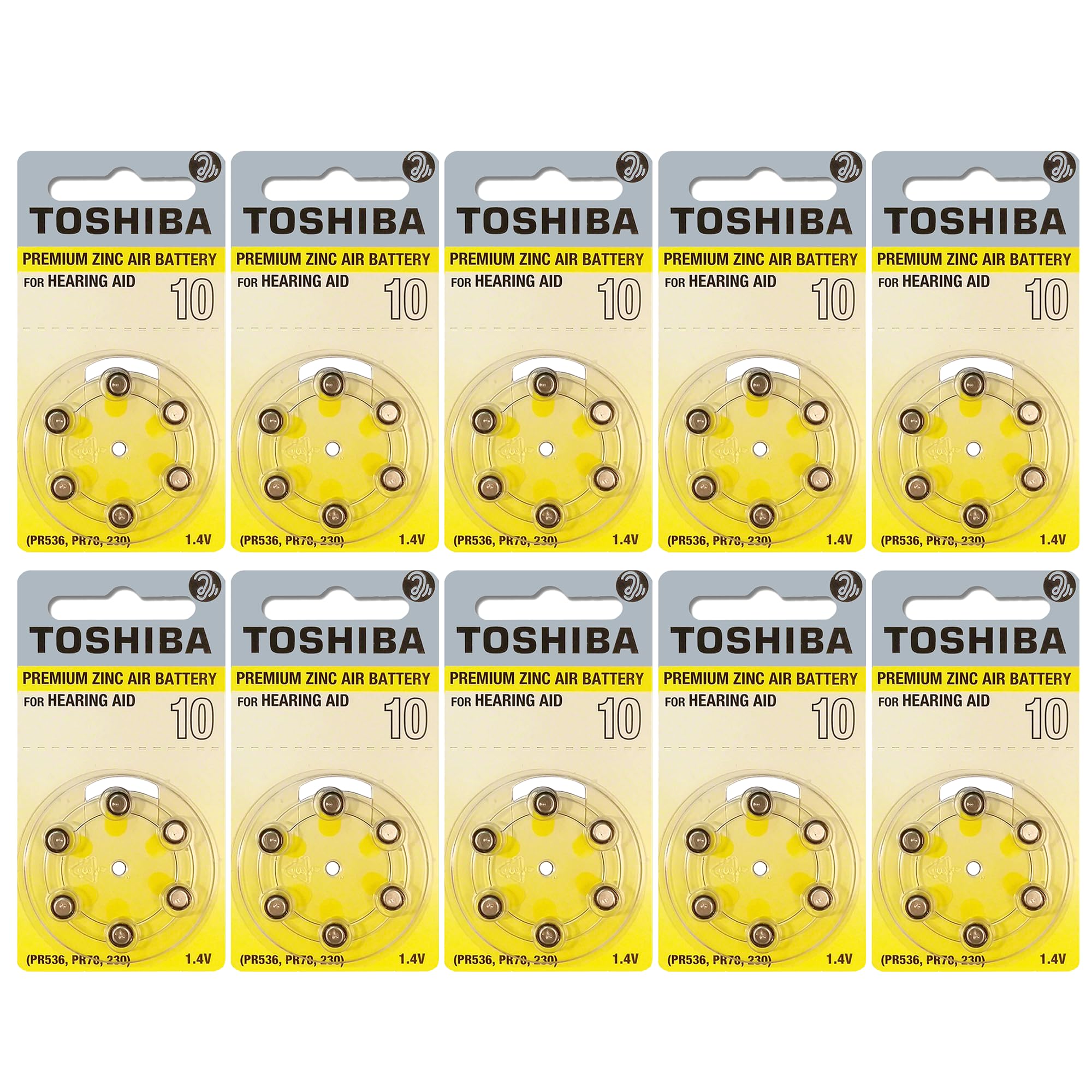 Toshiba Hearing Aid Batteries Size 10, PR70, (60 Batteries)