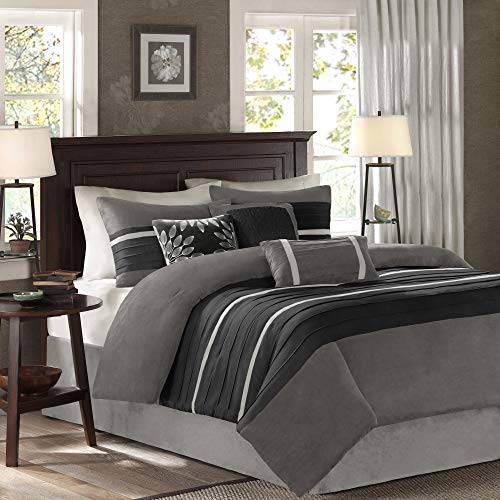 Madison Park Palmer Comforter Set - Faux Suede Design, Striped Accent, All Season Down Alternative Bedding, Matching Shams, Decorative Pillow, Bed Skirt, Queen (90 in x 90 in), Black 7 Piece