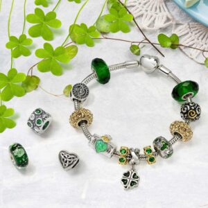 Bling Jewelry Mixed Set Bundle .925 Sterling Silver Murano Glass Good Luck Celtic Shamrock Irish Green Clover Knot Claddagh Charm Bead Spacer Fits European Bracelet For Women Teen