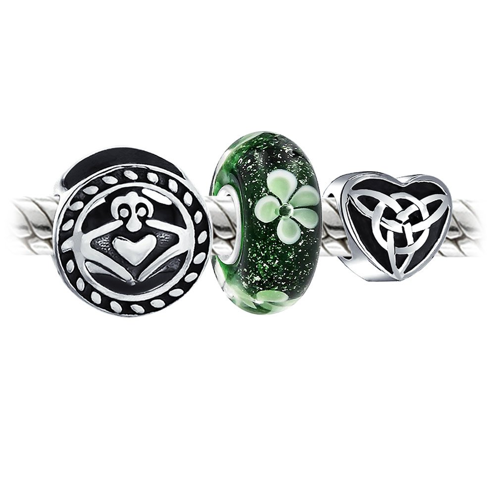 Bling Jewelry Mixed Set Bundle .925 Sterling Silver Murano Glass Good Luck Celtic Shamrock Irish Green Clover Knot Claddagh Charm Bead Spacer Fits European Bracelet For Women Teen