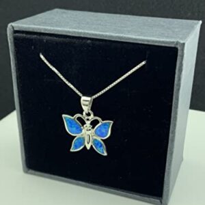 SILVERCLOSEOUT Rhodium Plated Sterling Silver Womens Created Blue Opal Butterfly Charm Necklace