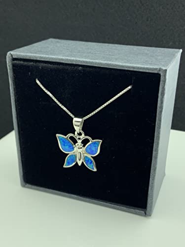 SILVERCLOSEOUT Rhodium Plated Sterling Silver Womens Created Blue Opal Butterfly Charm Necklace