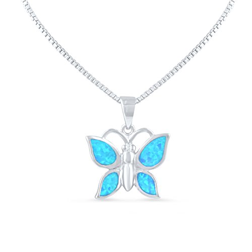 SILVERCLOSEOUT Rhodium Plated Sterling Silver Womens Created Blue Opal Butterfly Charm Necklace