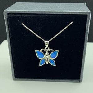 SILVERCLOSEOUT Rhodium Plated Sterling Silver Womens Created Blue Opal Butterfly Charm Necklace