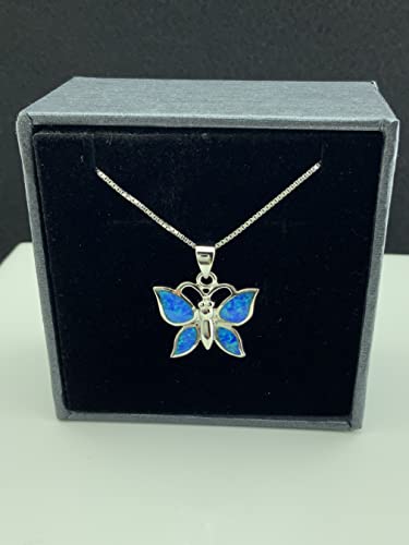 SILVERCLOSEOUT Rhodium Plated Sterling Silver Womens Created Blue Opal Butterfly Charm Necklace