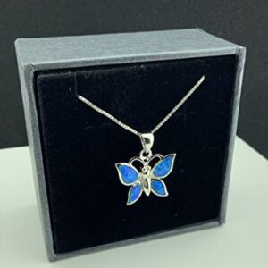 SILVERCLOSEOUT Rhodium Plated Sterling Silver Womens Created Blue Opal Butterfly Charm Necklace