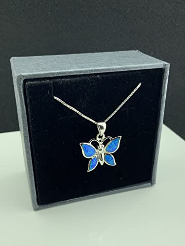 SILVERCLOSEOUT Rhodium Plated Sterling Silver Womens Created Blue Opal Butterfly Charm Necklace