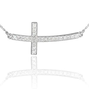 925 Sterling Silver Curved Pendant Stone Studded Sideways Cross Necklace - 16 Inches