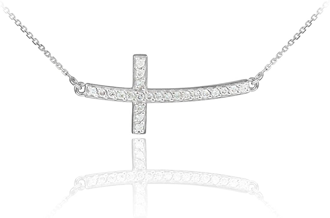 925 Sterling Silver Curved Pendant Stone Studded Sideways Cross Necklace - 16 Inches