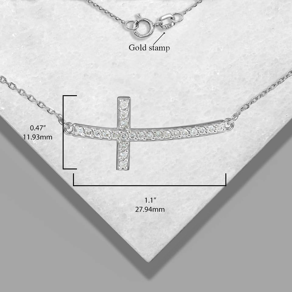 925 Sterling Silver Curved Pendant Stone Studded Sideways Cross Necklace - 16 Inches