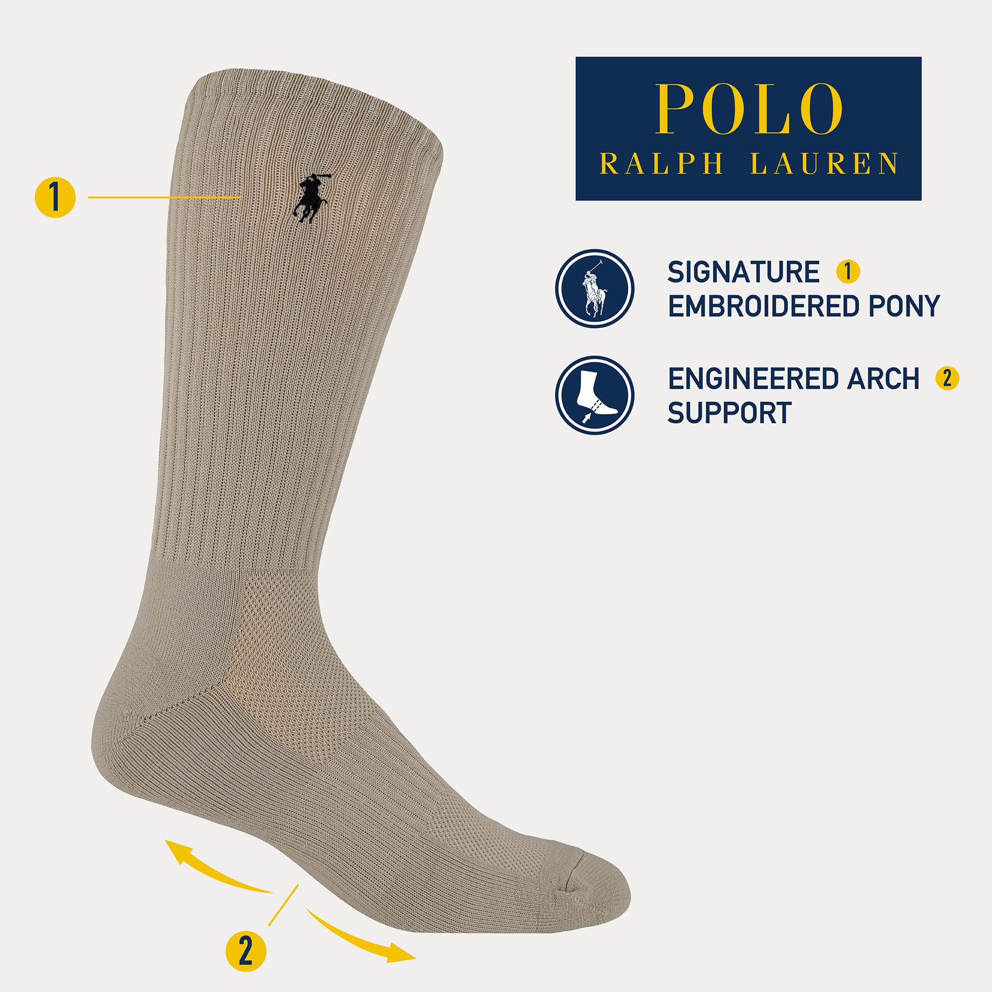 POLO RALPH LAUREN Men's Tech Athletic Crew Sock 3 Pair Pack, White, Mens Shoe Size 6-12