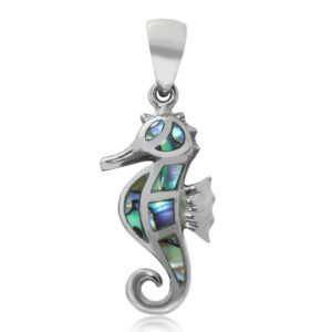 silvershake abalone paua shell inlay 925 sterling silver seahorse pendant