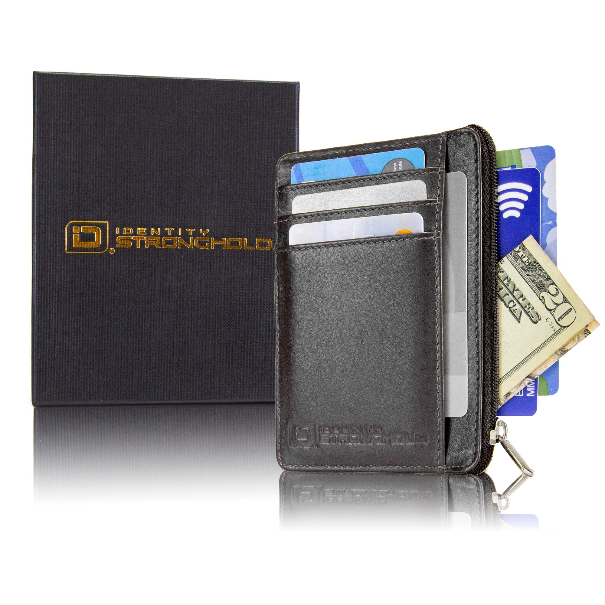 ID STRONGHOLD RFID Front Pocket Wallet Mini Minimalist Wallet Slim Wallet Genuine Leather with Zipper , Black , Small