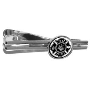 firefighter firemen maltese cross - black round tie bar clip clasp tack - silver