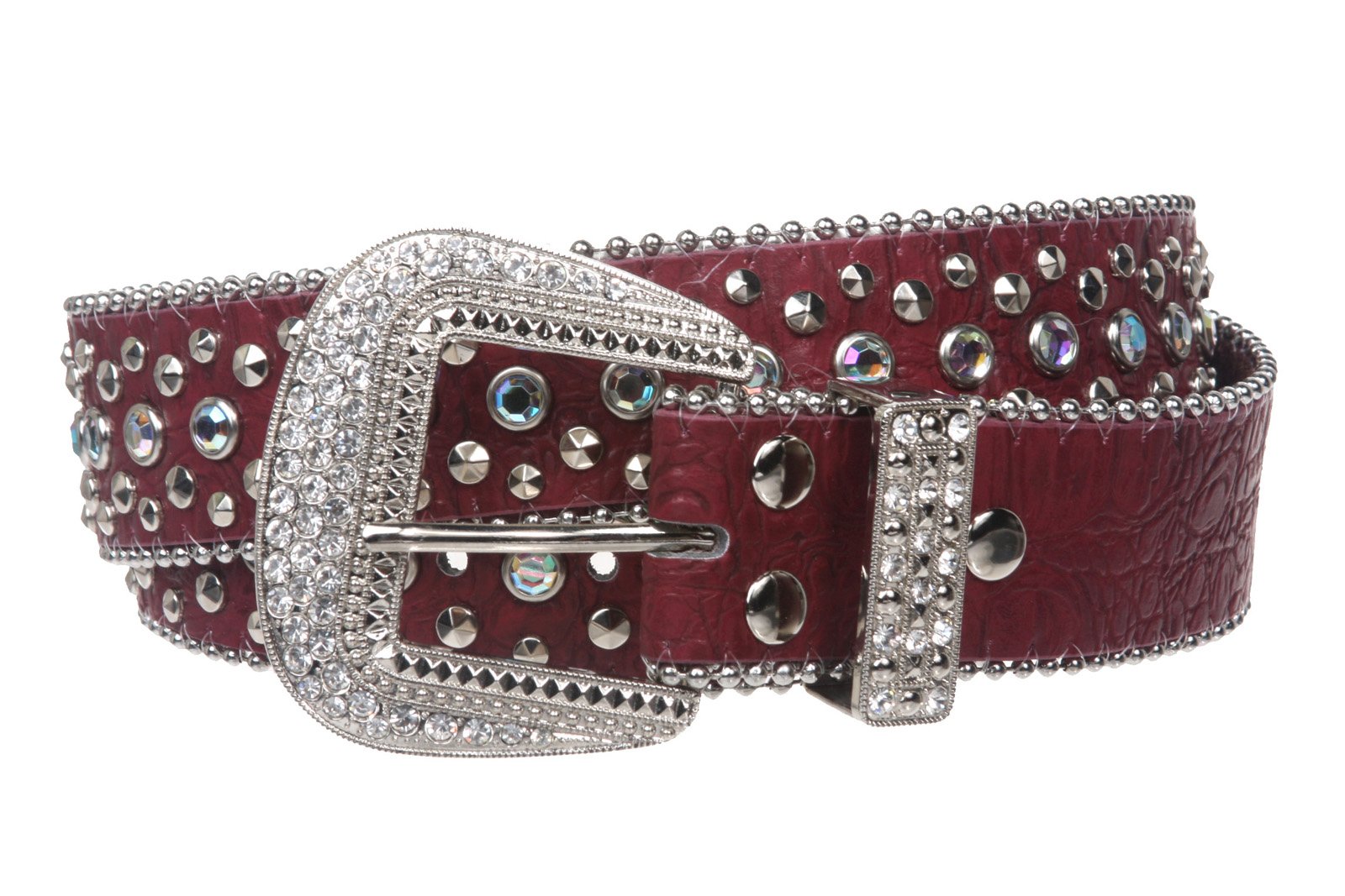 Snap On Western Cowgirl Alligator Rhinestone Studded Leather Belt, Wine | M/L - 38"