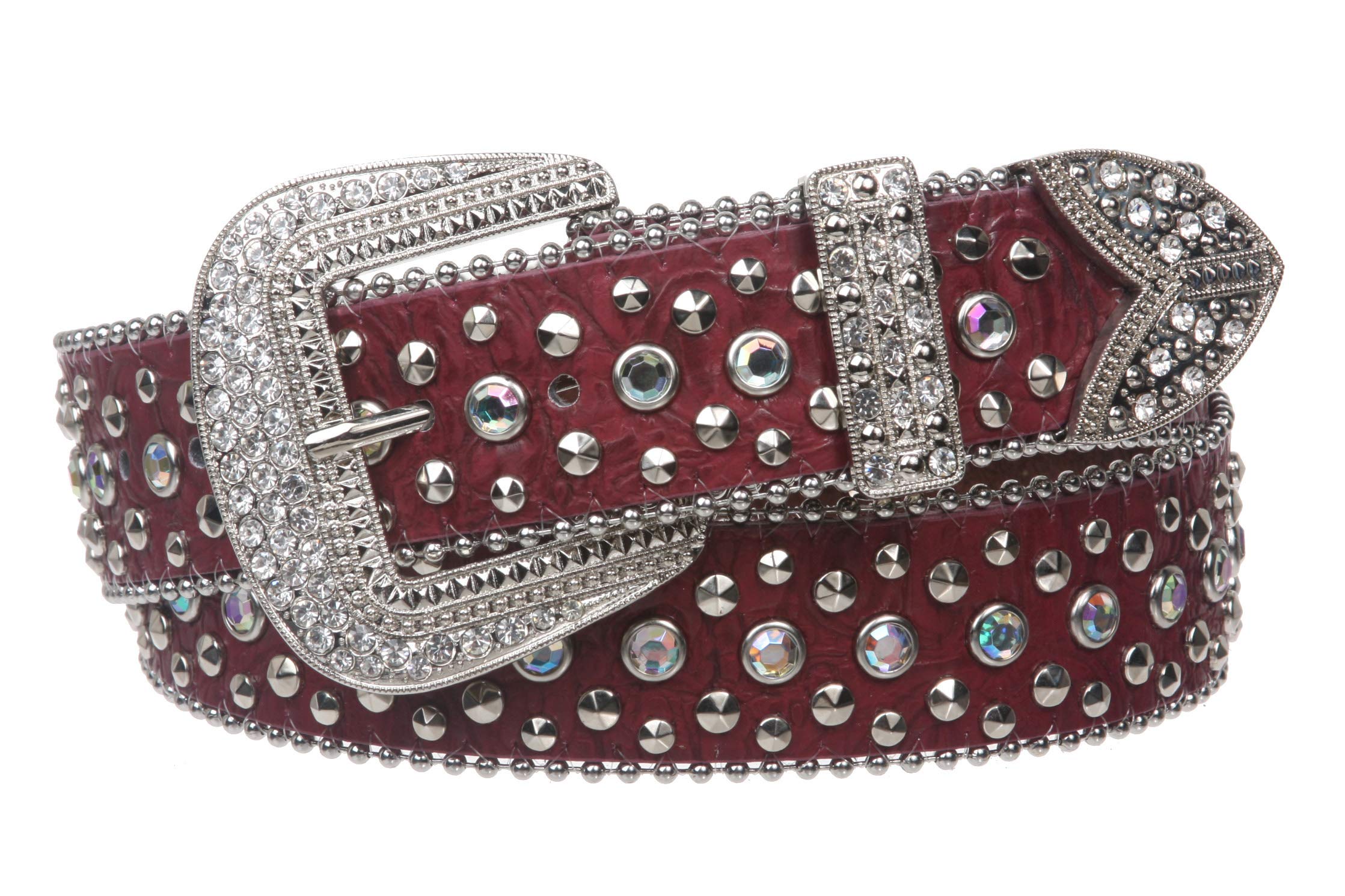 Snap On Western Cowgirl Alligator Rhinestone Studded Leather Belt, Wine | M/L - 38"