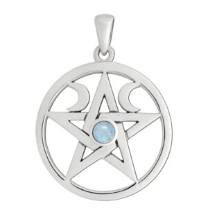 triple moon pentagram pendant - sterling silver wiccan pagan moonstone pentacle charm