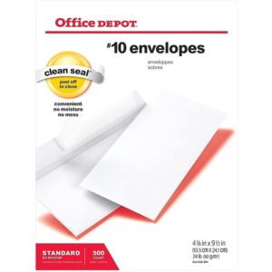 Office Depot Clean Seal(TM) Envelopes, 10 (4 1/8in. x 9 1/2in.), White, Box Of 500, 12014