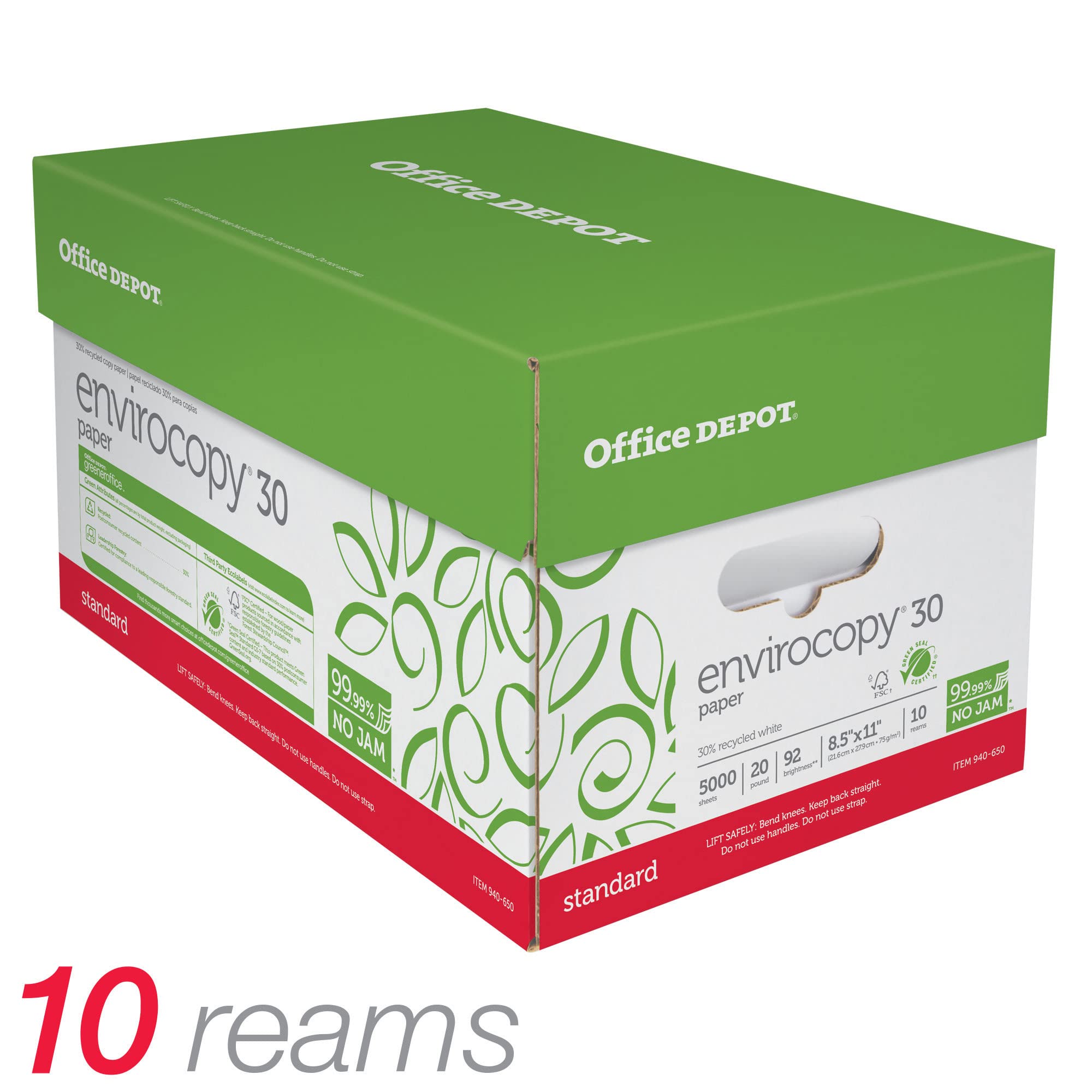 Office Depot EnviroCopy 30 Paper, 8 1/2in x 11in, 20 Lb, 30% Recycled, FSC Certified, 500 Sheets Per Ream, Case Of 10 Reams, 651001OD