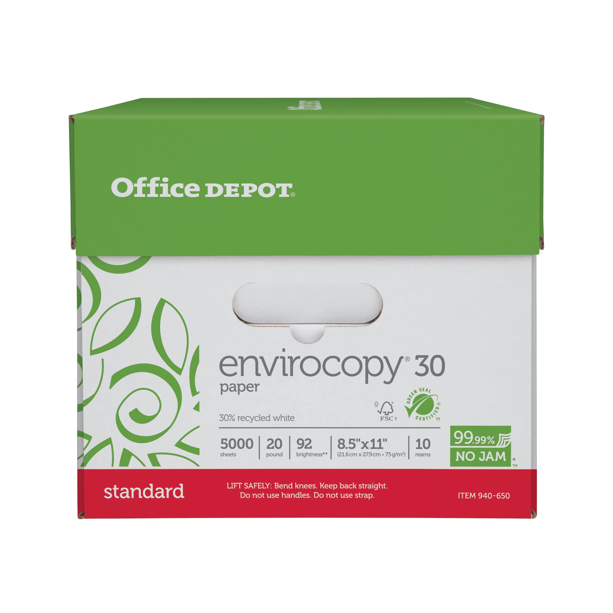 Office Depot EnviroCopy 30 Paper, 8 1/2in x 11in, 20 Lb, 30% Recycled, FSC Certified, 500 Sheets Per Ream, Case Of 10 Reams, 651001OD