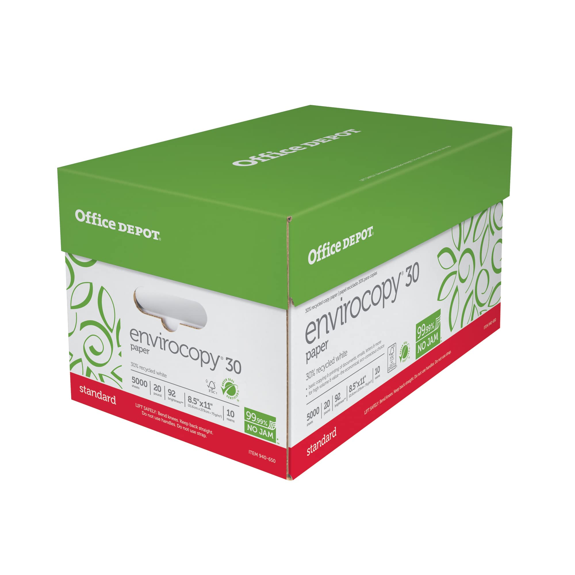 Office Depot EnviroCopy 30 Paper, 8 1/2in x 11in, 20 Lb, 30% Recycled, FSC Certified, 500 Sheets Per Ream, Case Of 10 Reams, 651001OD