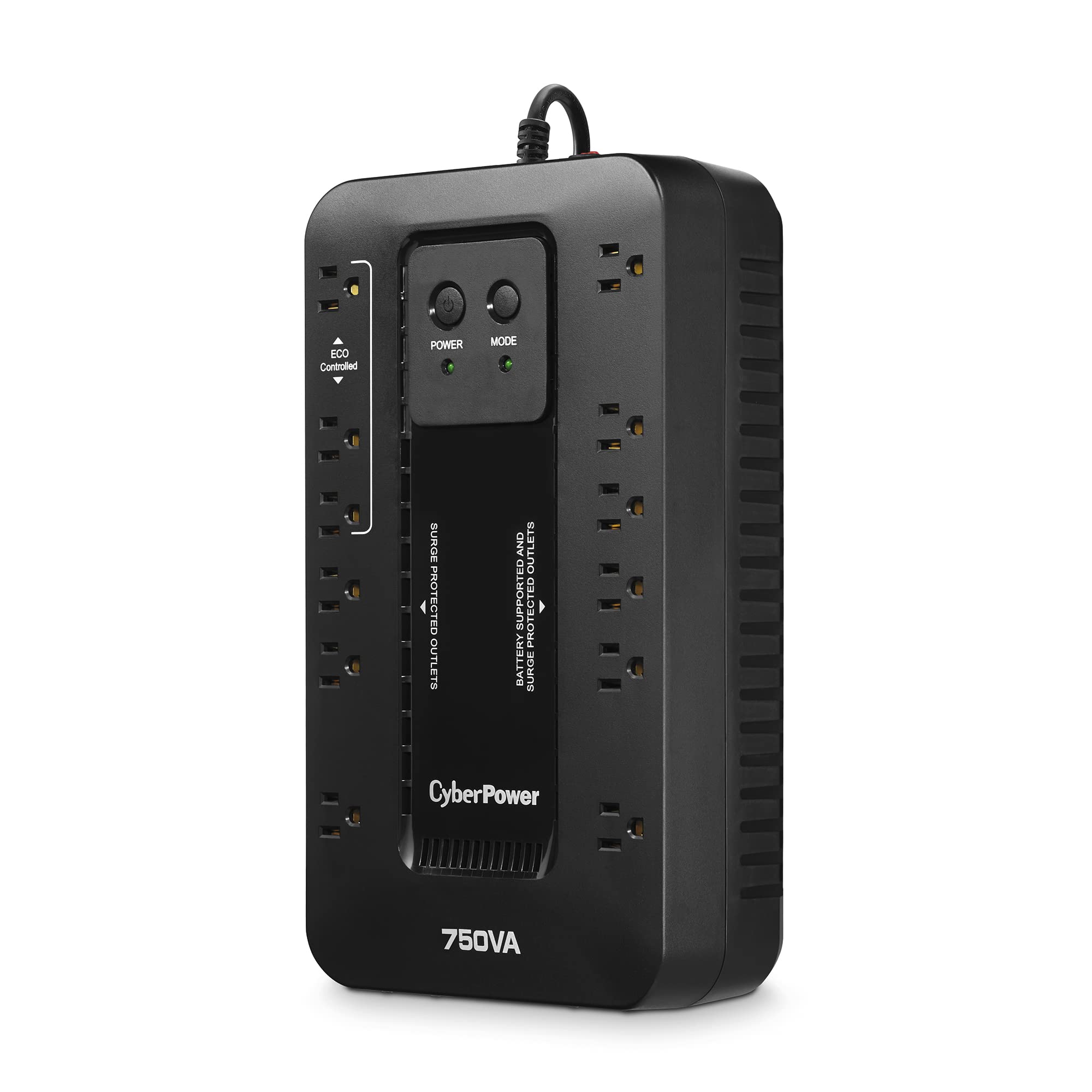 CyberPower EC750G Ecologic Battery Backup & Surge Protector UPS System, 750VA/450W, 12 Outlets, ECO Mode, Compact Uninterruptible Power Supply, Black