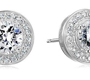 Amazon Essentials Sterling Silver Cubic Zirconia Halo Stud Earrings,Rhodium Over Sterling Silver, (previously Amazon Collection)