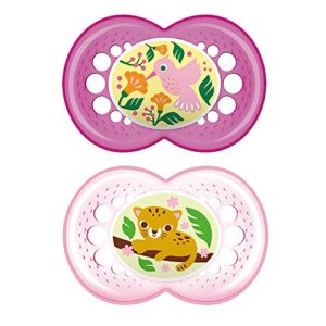 mam original baby pacifier, nipple shape helps promote healthy oral development, sterilizer case, 2 pack, 6-16 months, crystal/girl. 6-16- (pack of 2)