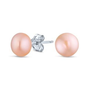 simple plain pink freshwater cultured pearl ball stud earrings for women for teen .925 sterling silver 7mm