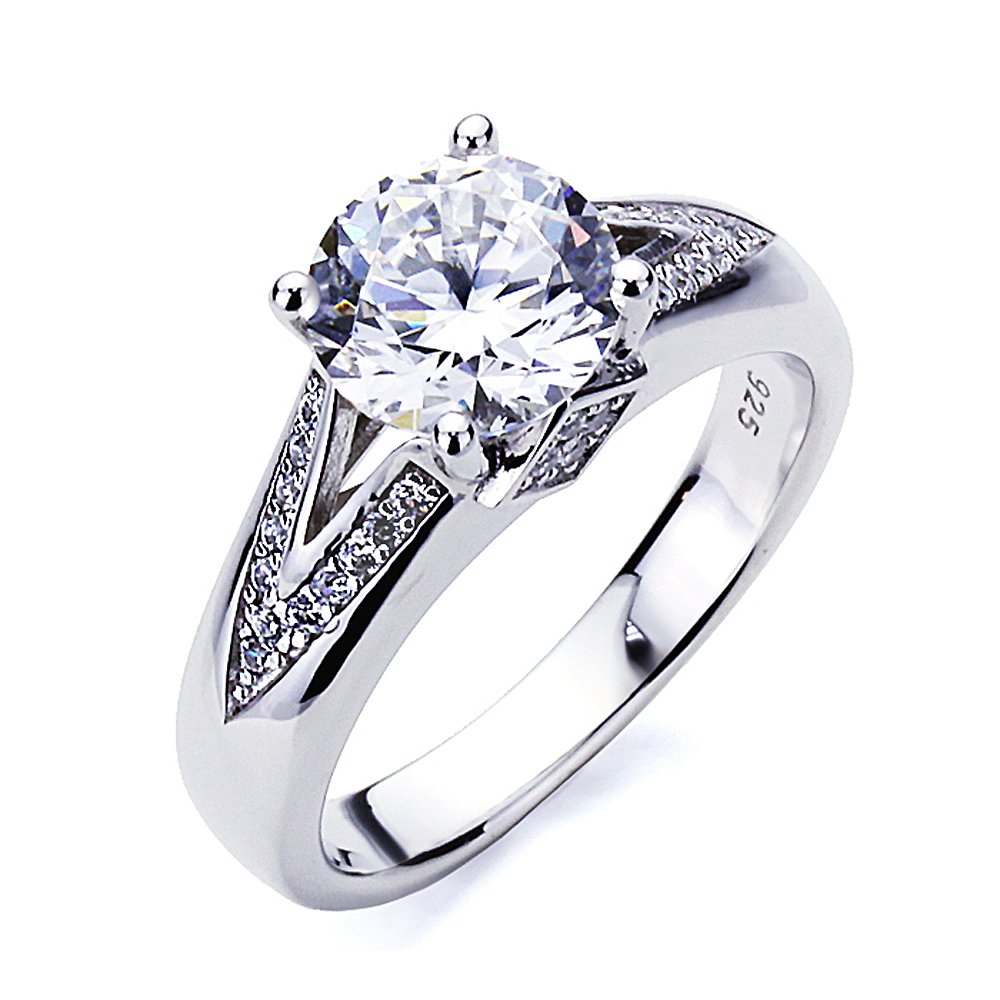 Platinum Plated Sterling Silver Ring 2 CT CZ Stone V Pave Design Band Solitaire Wedding Engagement Ring (Size 5 to 9), 8