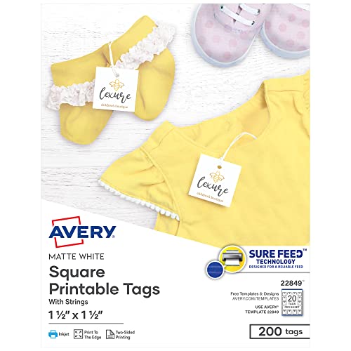 Avery Printable Blank Square Gift Tags with Sure Feed, 1.5" x 1.5", White, 200 Customizable Tags with Strings (22849)