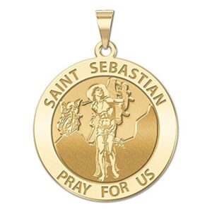 picturesongold.com saint sebastian religious medal - 3/4 inch size of a nickel in solid 14k yellow gold