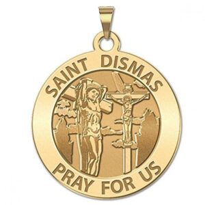 picturesongold.com saint dismas round religious medal - 1 inch size of a quarter - solid 14k yellow gold